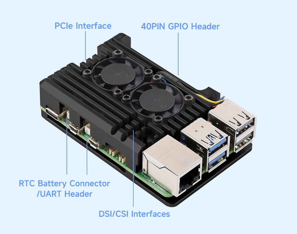 CASE RASPBERRY PI 5B ALUMINIO Y 2 VENTILADORES - Electrostore